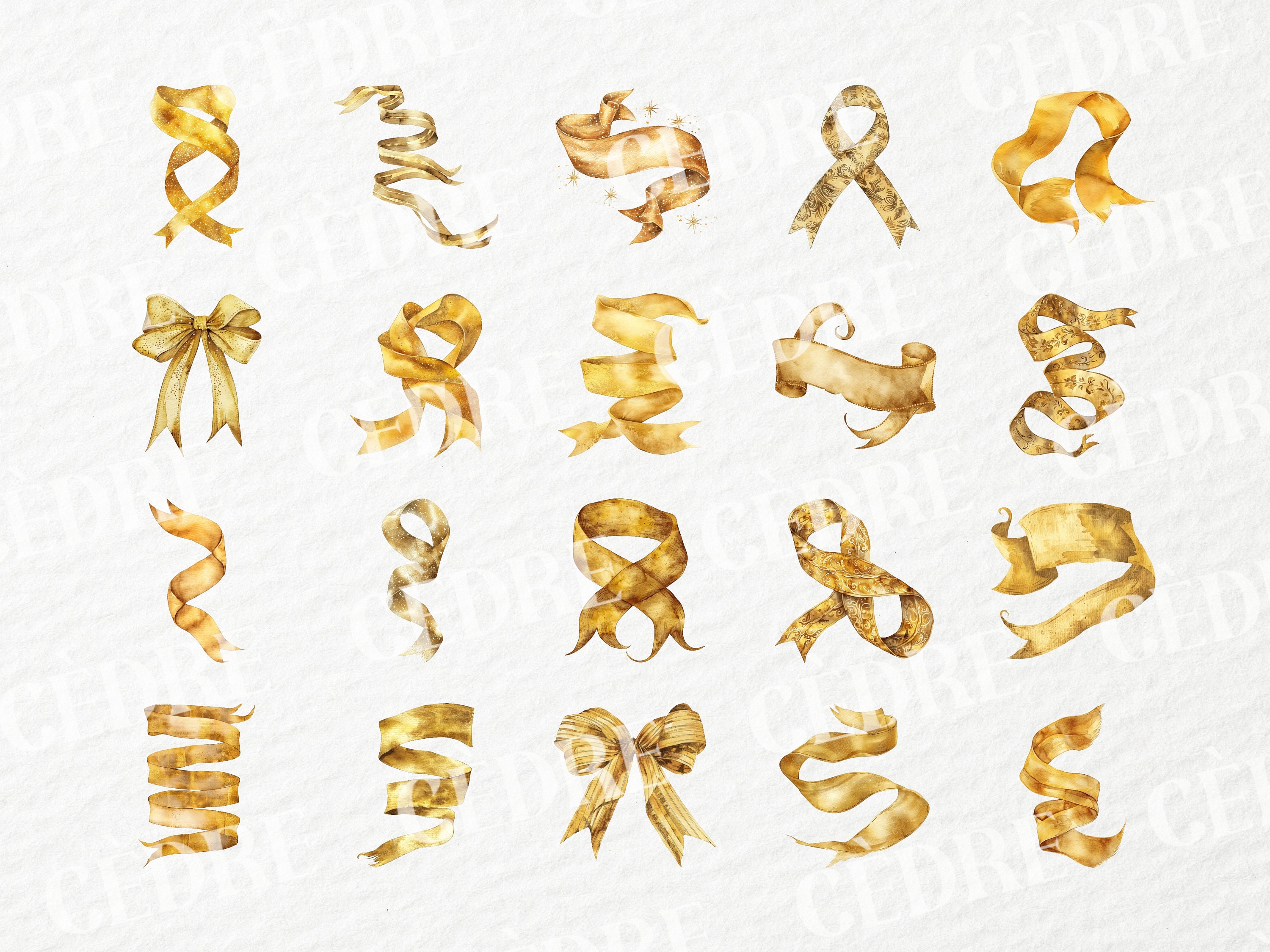 Watercolor Gold Ribbon Clipart, Golden Ribbons Clipart, Decorative ...