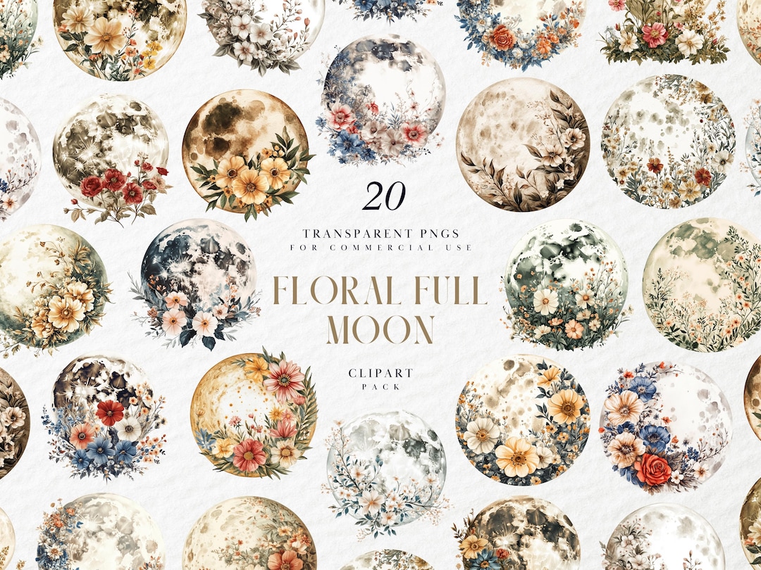 Watercolor Floral Full Moon Clipart, Celestial Lunar Crest With Galaxy ...