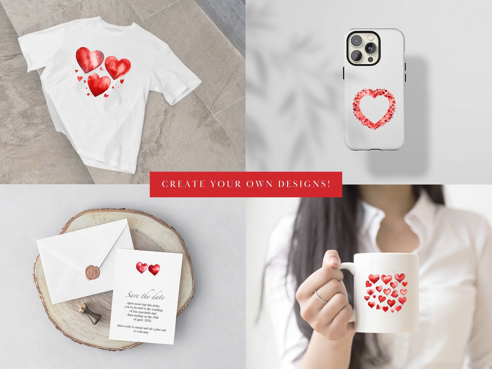 Watercolor Red Hearts Clipart, Red Heart Clipart, Red Heart Shape ...