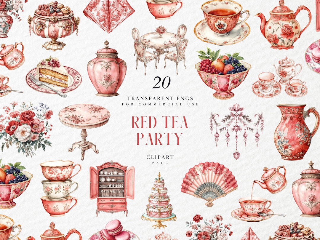 Watercolor Red Tea Party Clipart, Vintage Floral Teacups, Cakes and ...