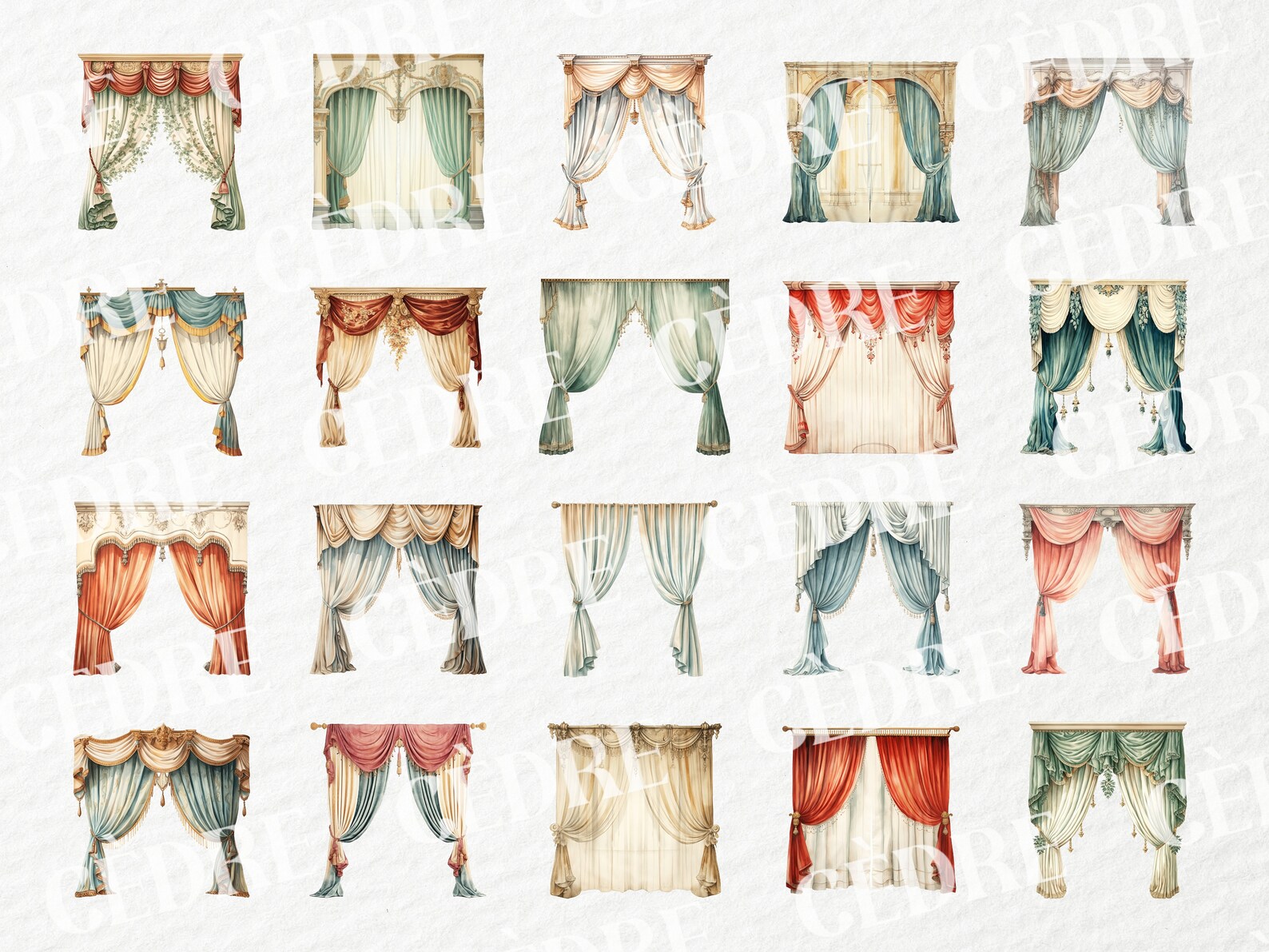 Watercolor Victorian Drapes Clipart, Retro Vintage Window Curtain ...
