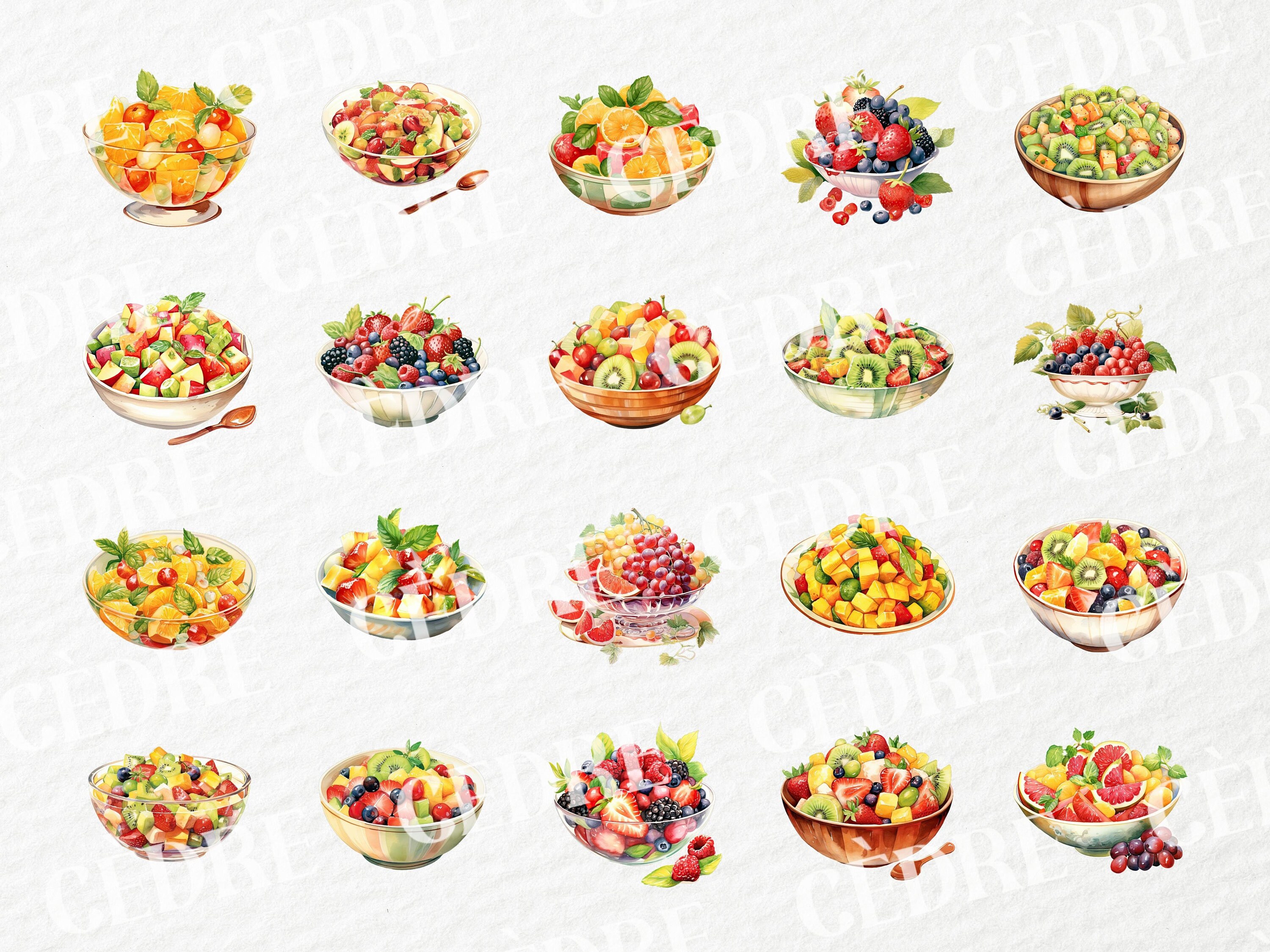 Watercolor Fruit Salad Clipart, Fresh Fruit Bowl Clipart, Mixed Summer ...