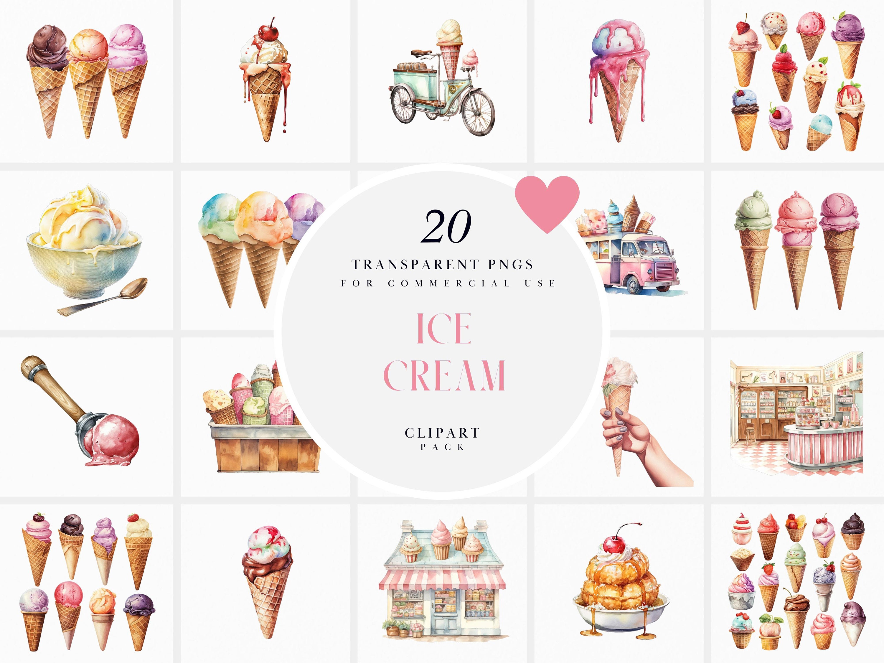 Watercolor Pastel Ice Cream Clipart, Colorful Ice Cream Truck Clipart ...