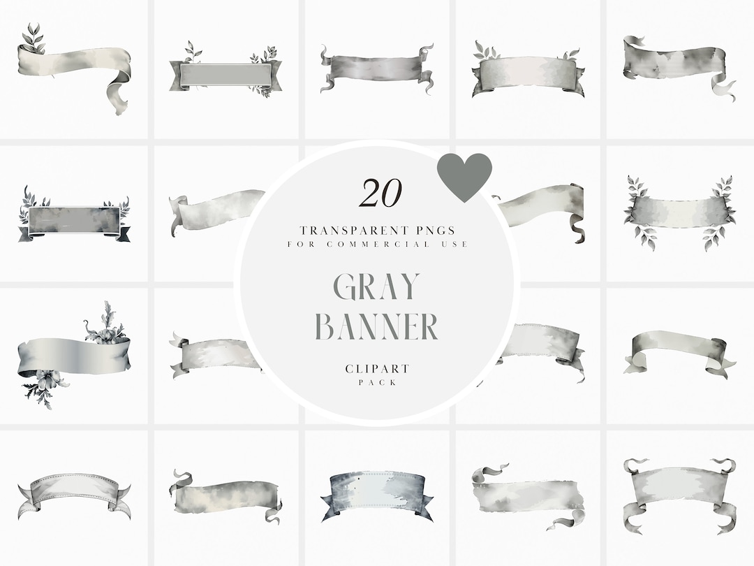 Watercolor Gray Scroll Banner Clipart, Gray Ribbon Banner Clipart, Card ...