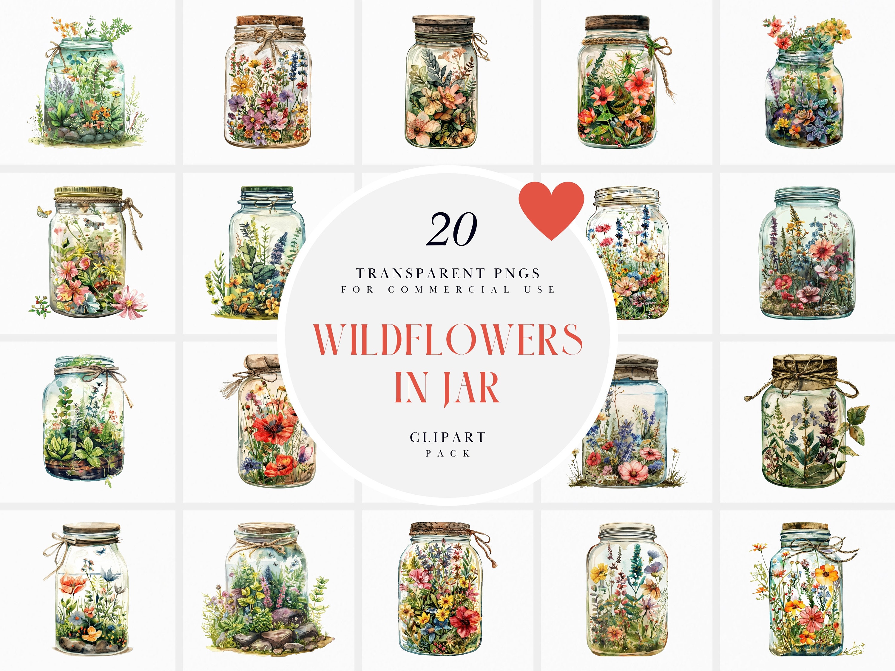 Watercolor Wildflowers in Jar Clipart, Jar of Wildflowers Clipart ...
