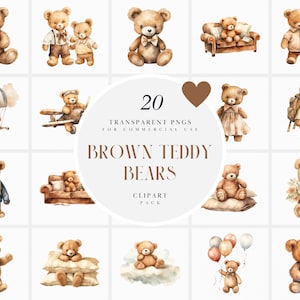 Watercolor Brown Teddy Bears Clipart, Brown Nursery Teddy Bear Clipart ...