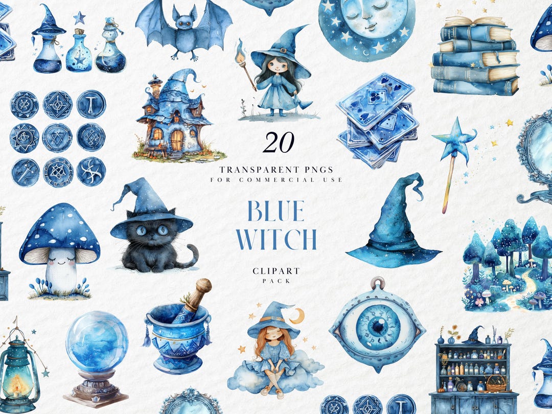 Watercolor Blue Witch Clipart, Gothic Sorceress Cloak, Cauldron, Cute ...