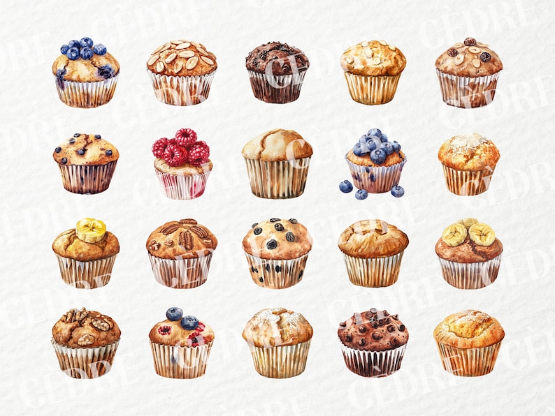 Watercolor Muffin Clipart, Freshly Baked Muffins Clipart, Blueberry ...