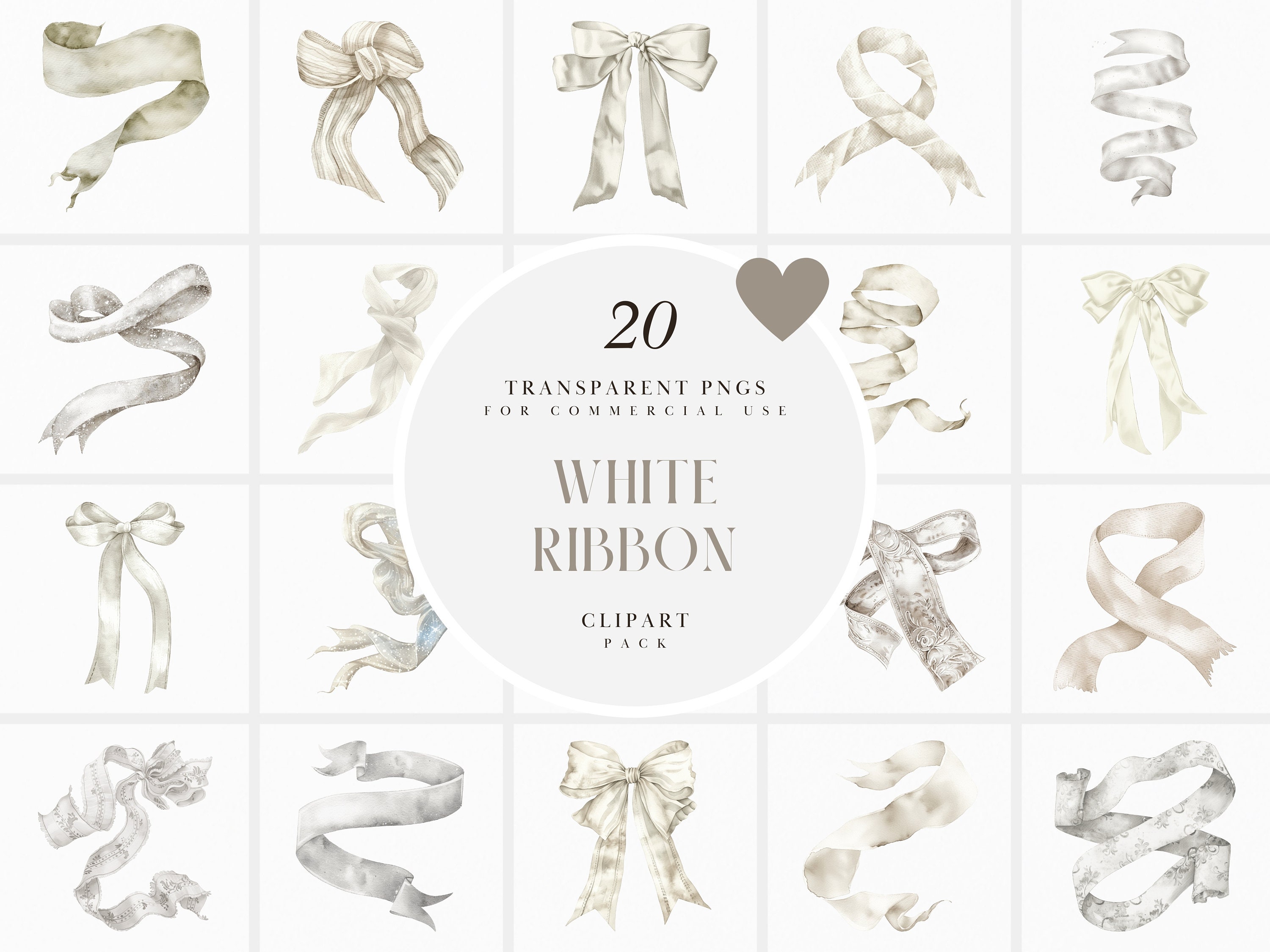 Watercolor White Ribbon Clipart, White Ribbons Clipart, Decorative ...