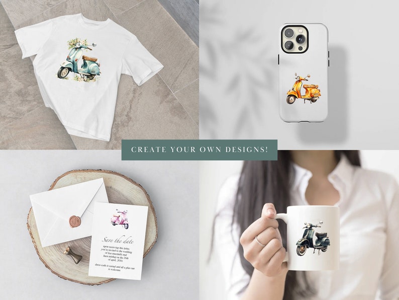 Watercolor Vespas Clipart, Italian Vespa Clipart, Electric Scooter ...