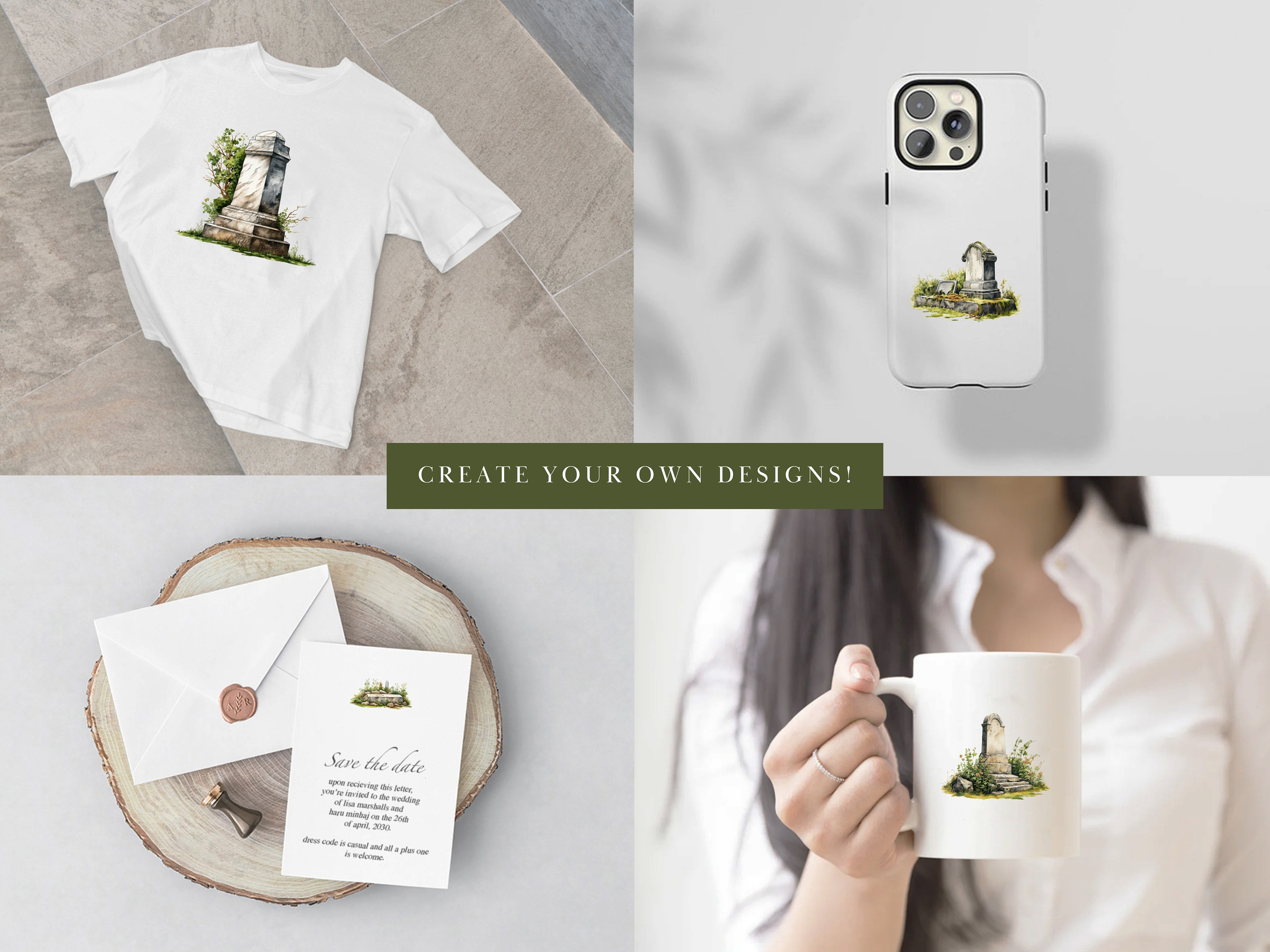 Watercolor Headstone Clipart, Headstones Clipart, Cemetery Gravestone ...