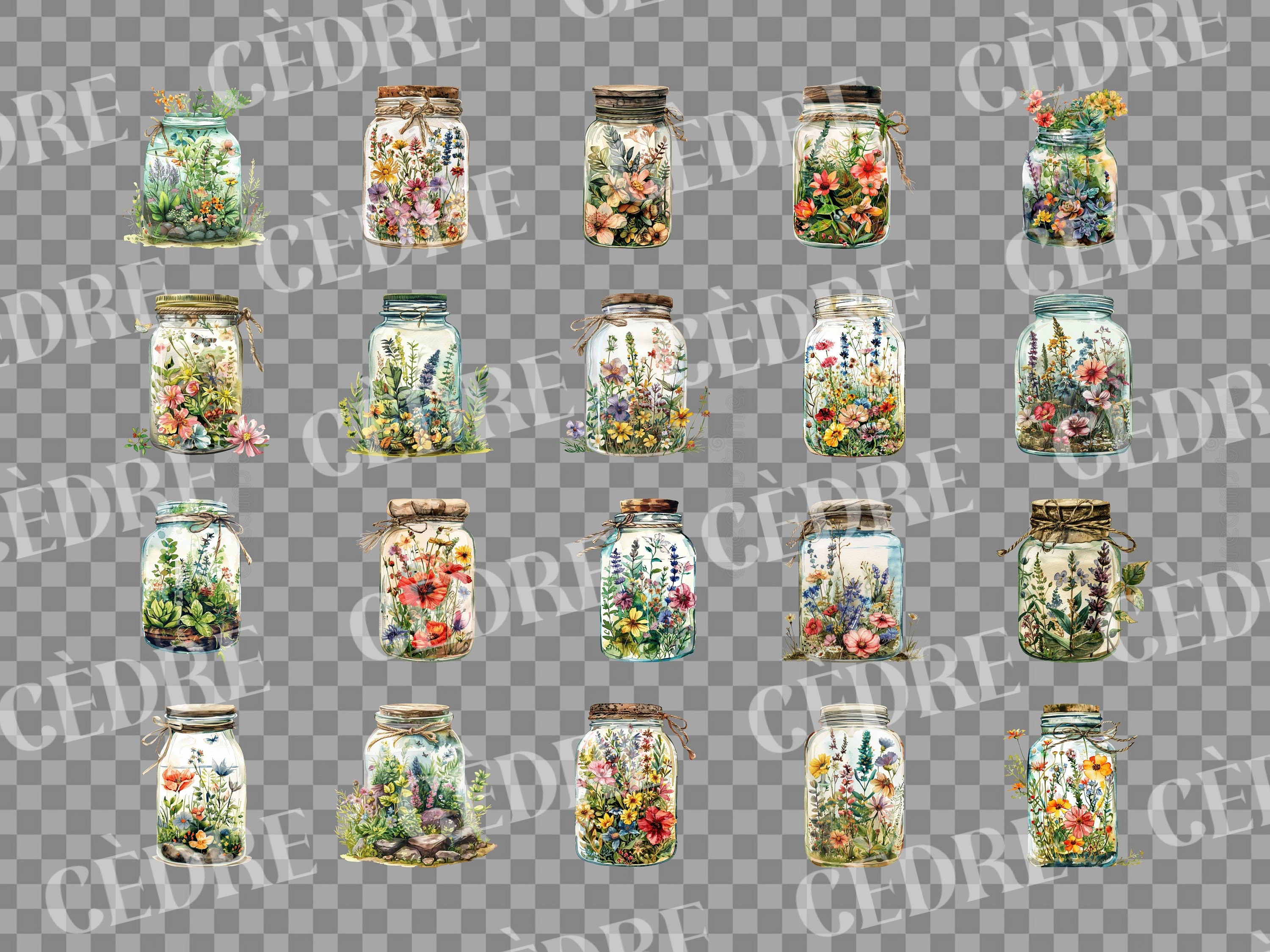 Watercolor Wildflowers in Jar Clipart, Jar of Wildflowers Clipart ...