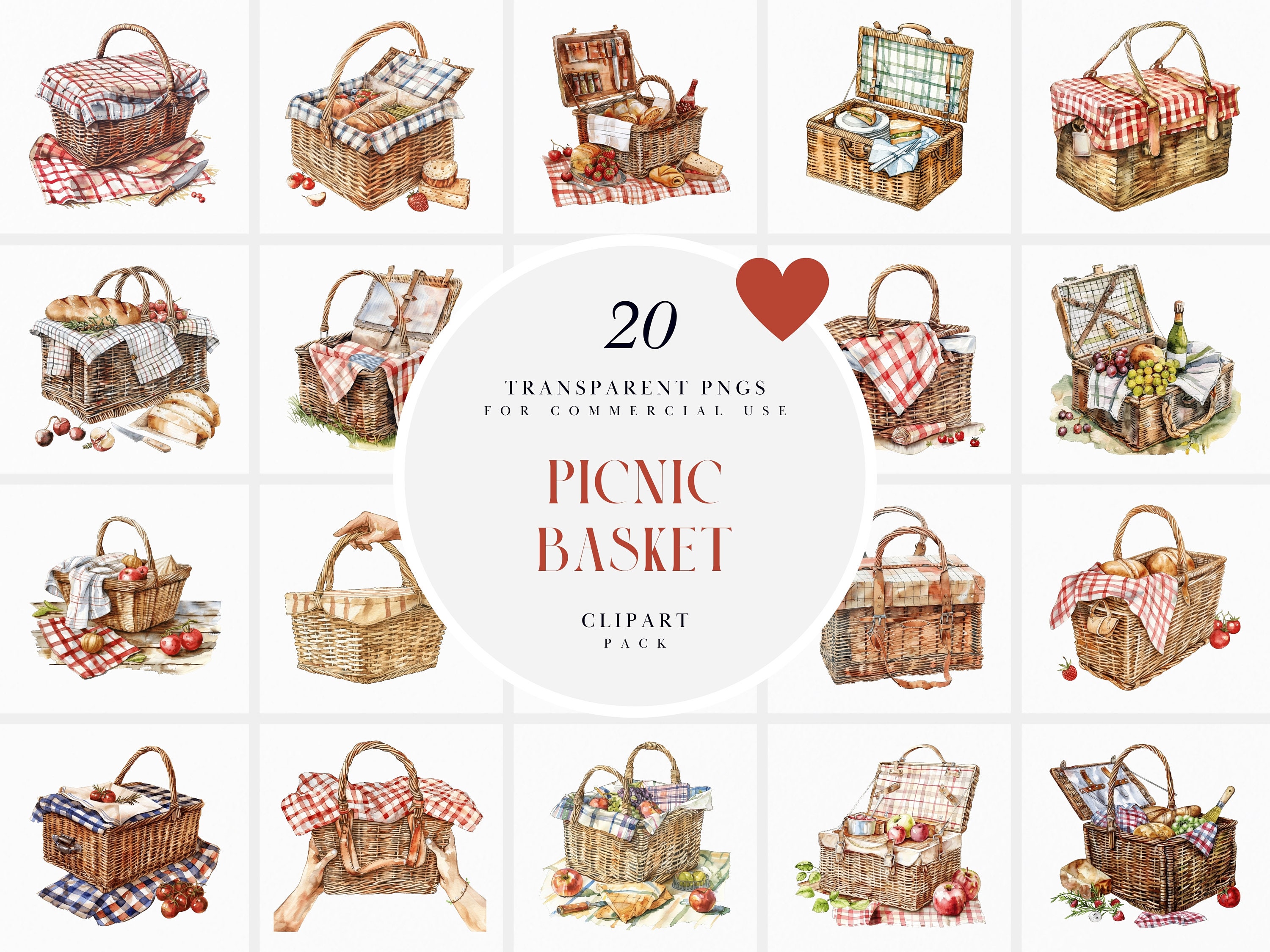 Watercolor Picnic Basket Clipart, Woven Baskets Picnic Clipart ...