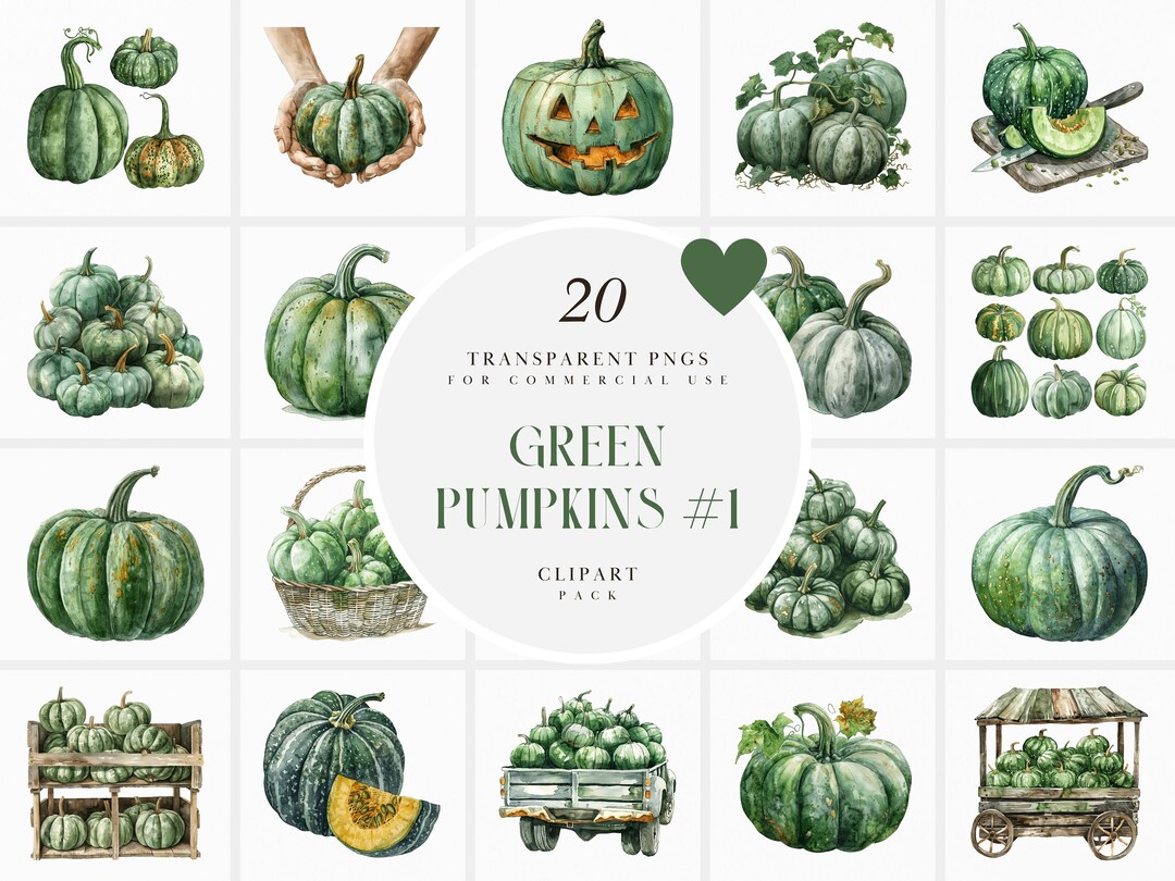 Watercolor Green Pumpkin Clipart, Green Pumpkins Clipart, Invite Card ...