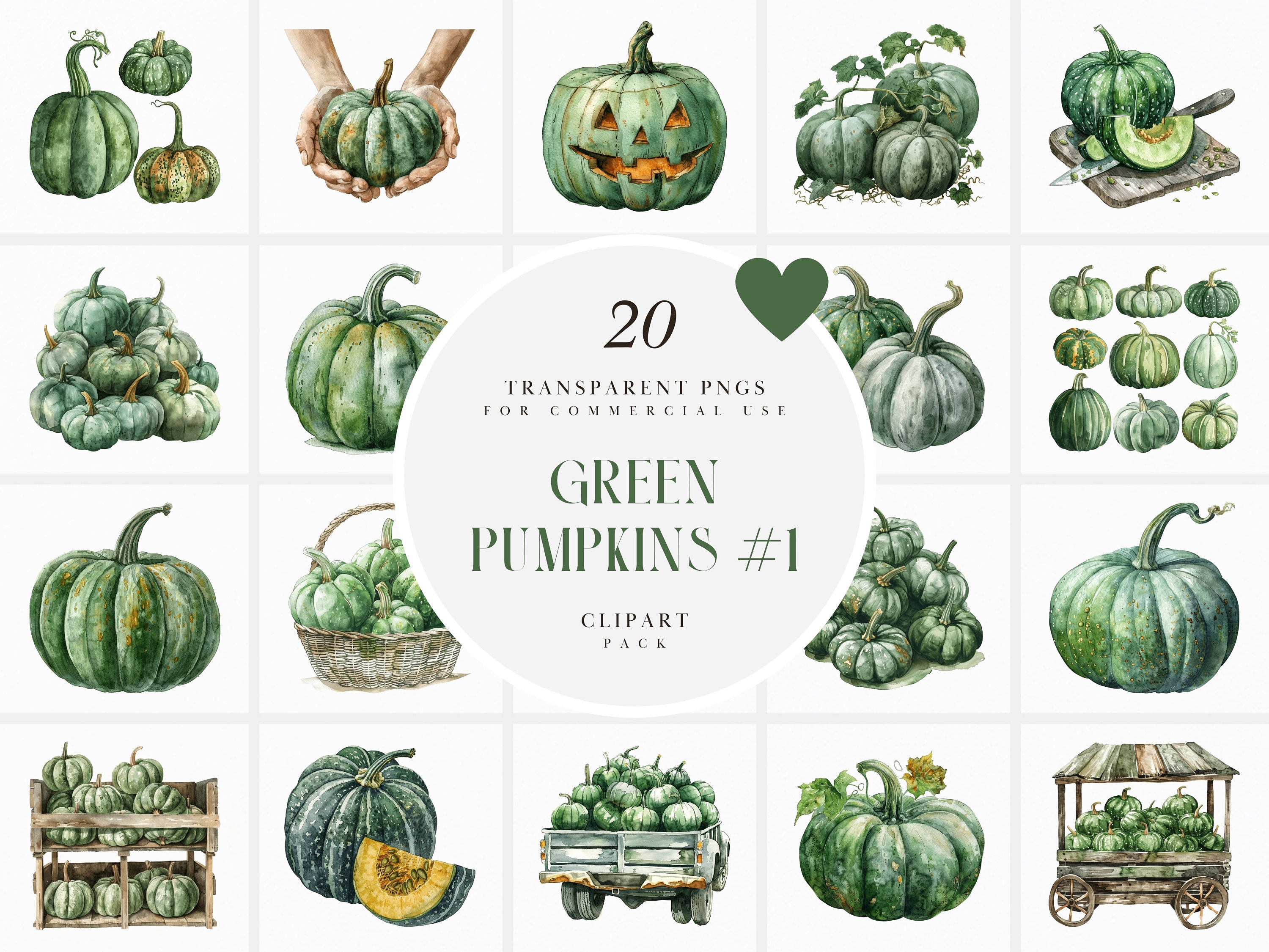 Watercolor Green Pumpkin Clipart, Green Pumpkins Clipart, Invite Card ...