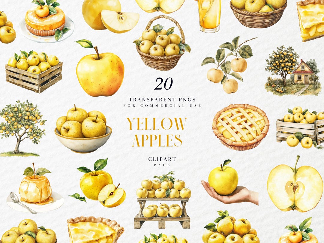 Watercolor Yellow Apples Clipart, Food Sticker Design, Golden Delicious ...
