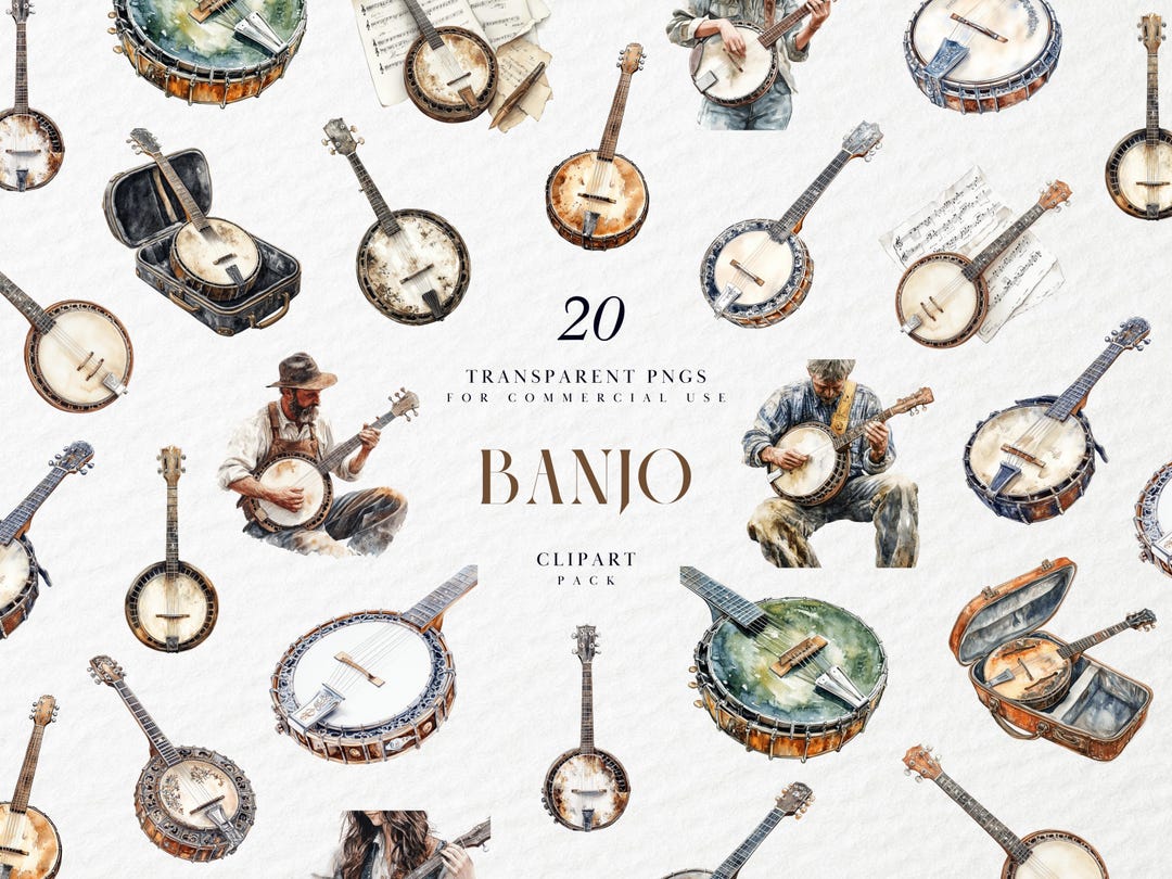 Watercolor Banjo Clipart, Bowed String Instruments, Music Playing ...