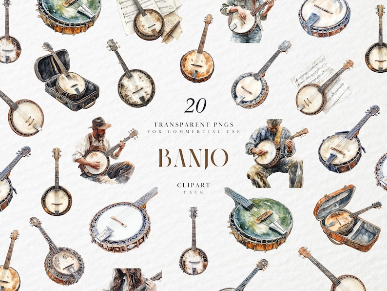 Watercolor Banjo Clipart, Bowed String Instruments, Music Playing ...