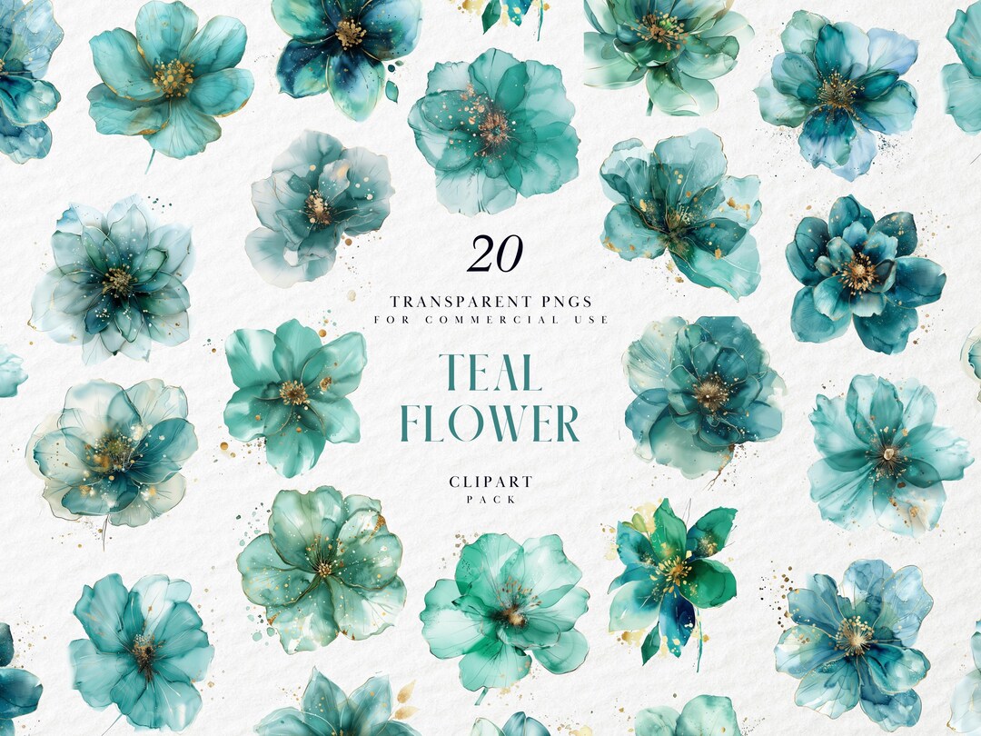 Watercolor Boho Chic Teal Flower Clipart, Transparent Sheer Flowers ...