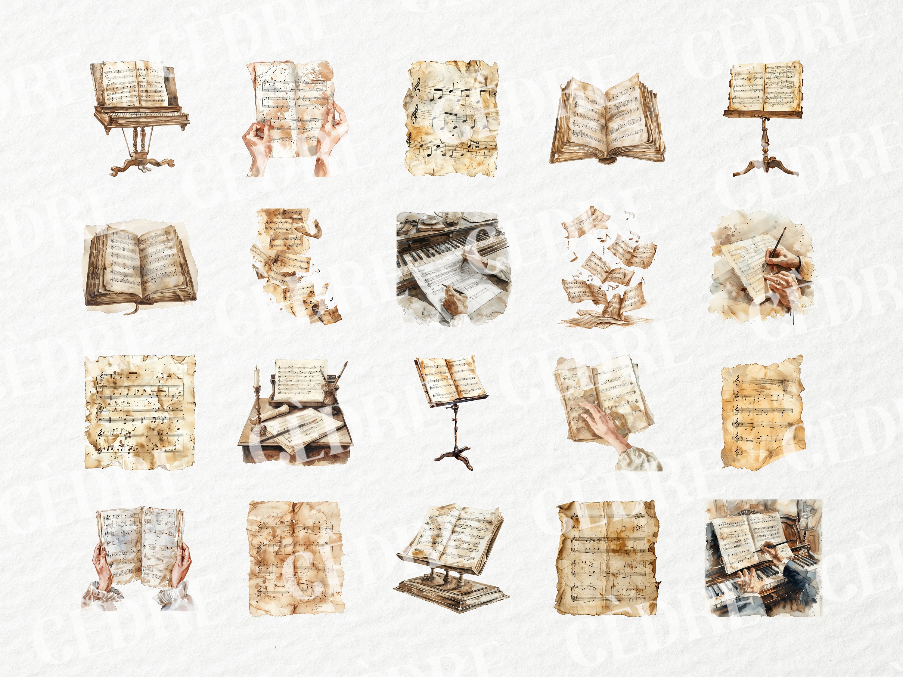 Watercolor Vintage Music Sheet Clipart, Old Aged Music Sheets, Musician ...