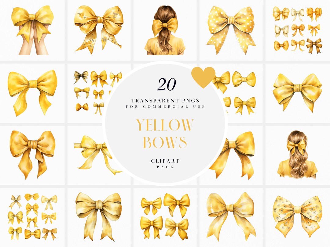 Watercolor Yellow Bow Clipart, Hair Bows Clipart, Yellow Ribbon Clipart ...