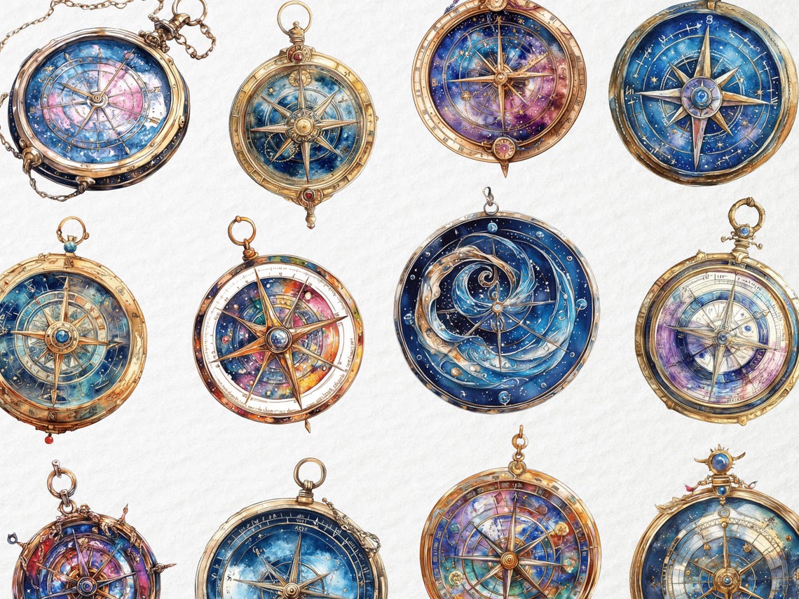 Watercolor Magical Astrolabe Clipart, Celestial Navigation Fantasy ...