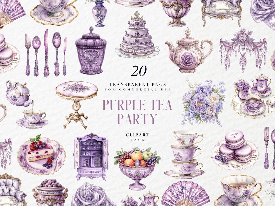 Watercolor Purple Tea Party Clipart, Vintage Floral Teacups, Cakes ...