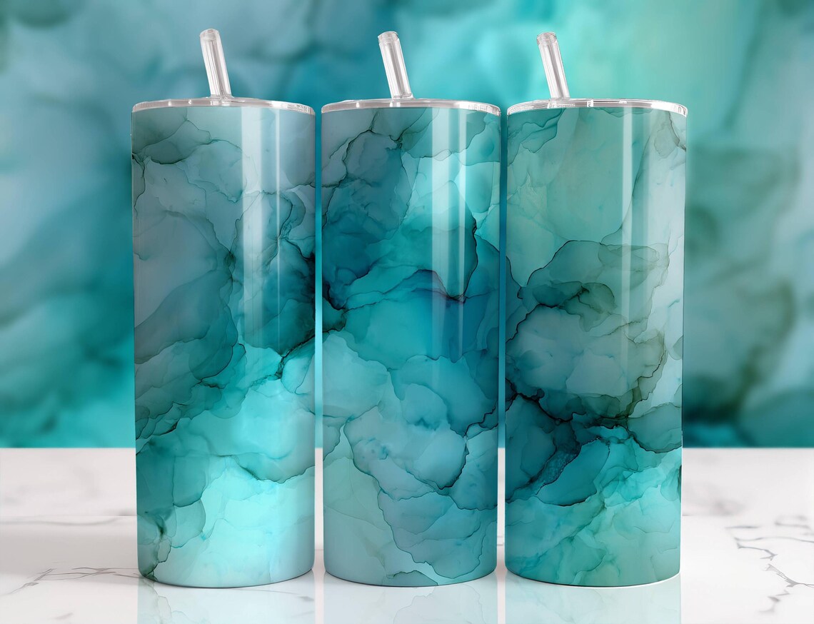 20 Oz Skinny Tumbler Wrap, Teal Alcohol Ink, Soft Marble Art, Straight ...