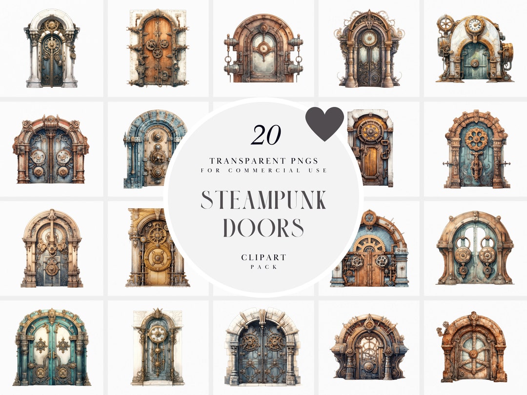 Watercolor Steampunk Door Clipart, Futuristic Steampunk Doors Clipart ...