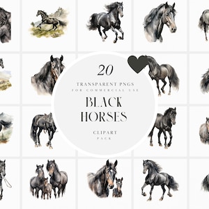 Watercolor Black Horse Clipart, Black Horses Clipart, Black Pony ...