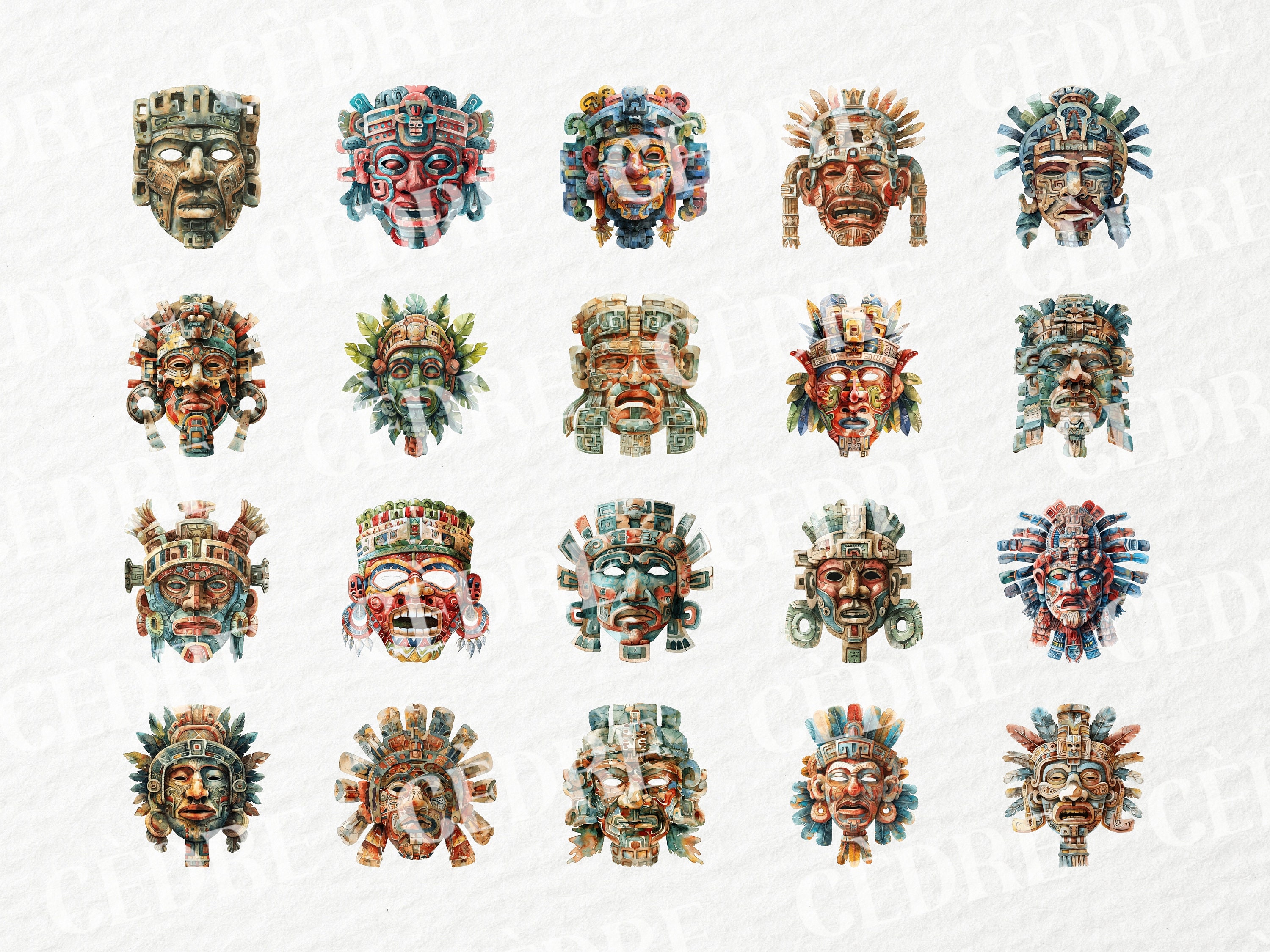 Watercolor Aztec Mask Clipart, Aztex Masks Clipart, Mayan Mask Clipart ...