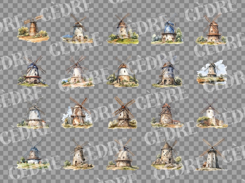 Watercolor Old Wind Mill Clipart, Wind Turbines Wind Mills Clipart ...