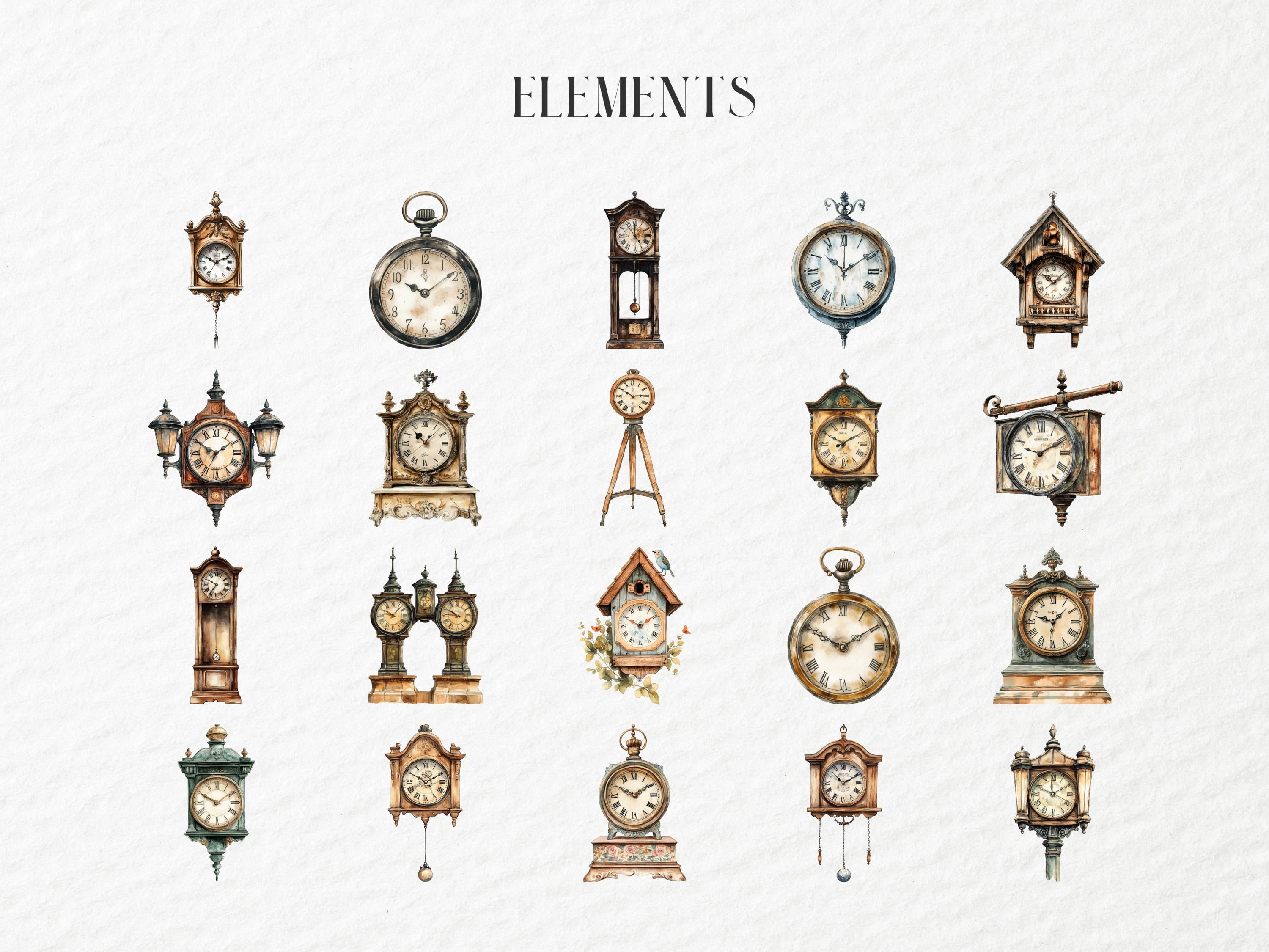 Watercolor Vintage Clocks Clipart, Victorian Mantel Clock & Pocket ...