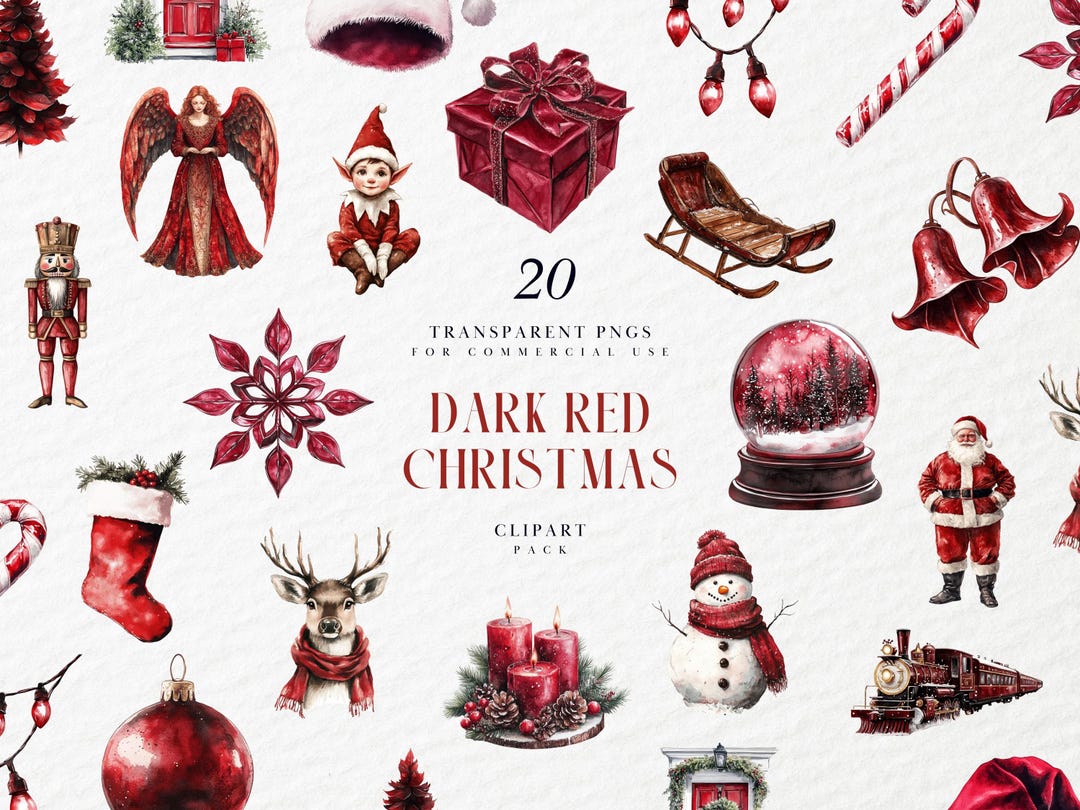 Watercolor Dark Red Christmas Elements Clipart, Card Making, Paper ...