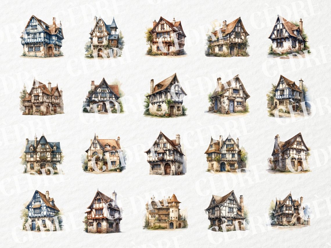 Watercolor Medieval Houses Clipart, Medieval House Clipart, Middle Ages ...