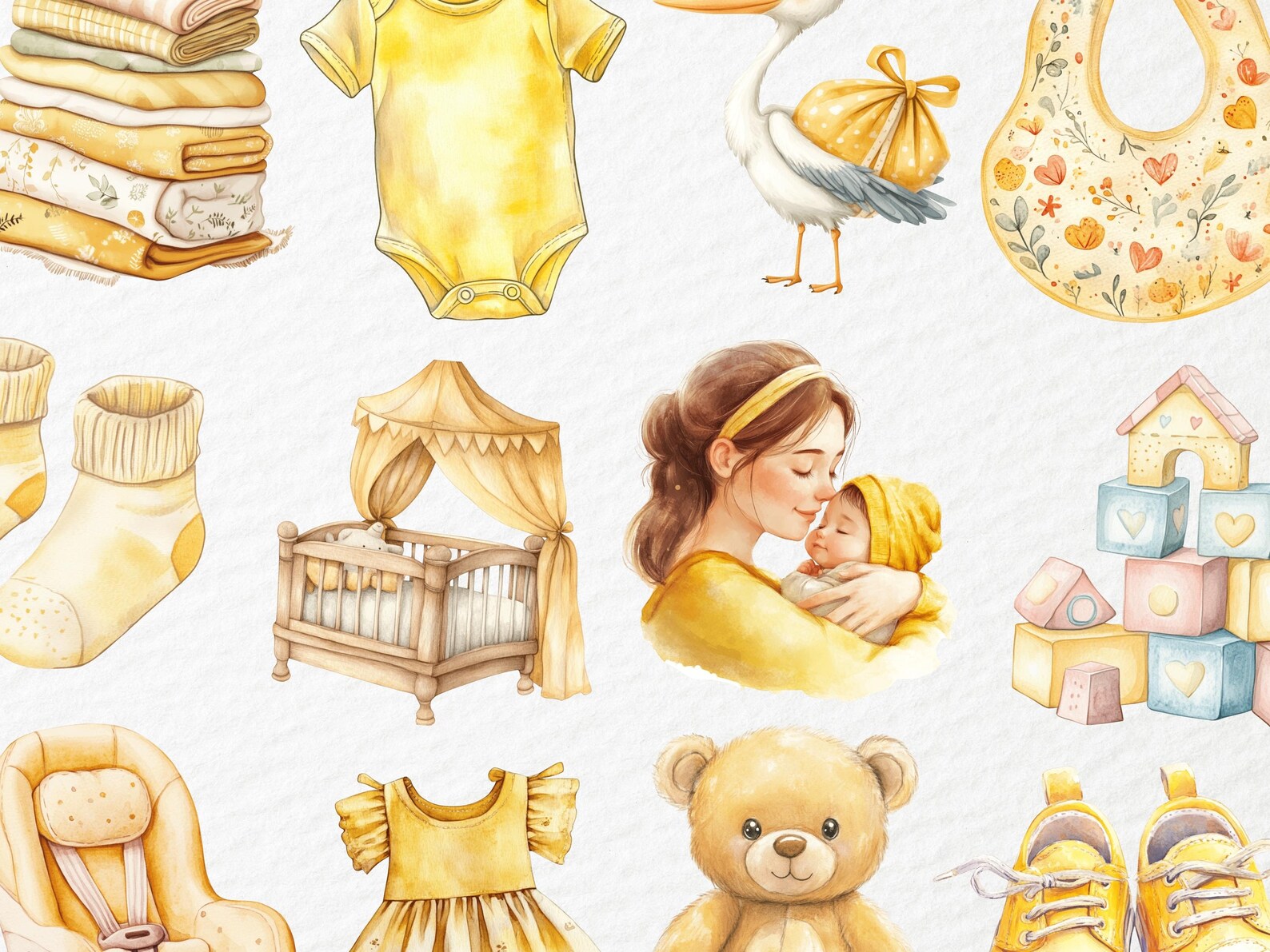 Watercolor Pastel Yellow Nursery Clipart, Boho Baby Shower Decor ...