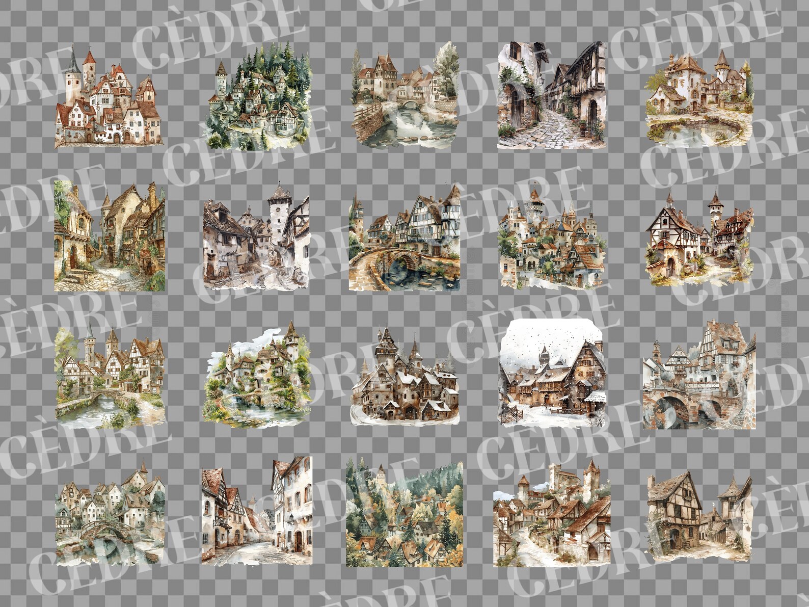 Watercolor Medieval Village Clipart, European Village Clipart, Middle ...