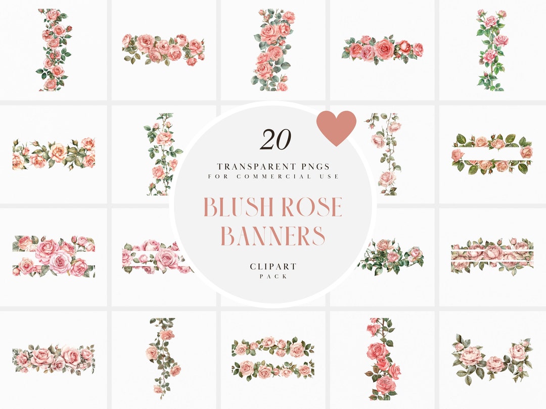Watercolor Blush Pink Rose Banner Clipart, Floral Pastel Flowers ...