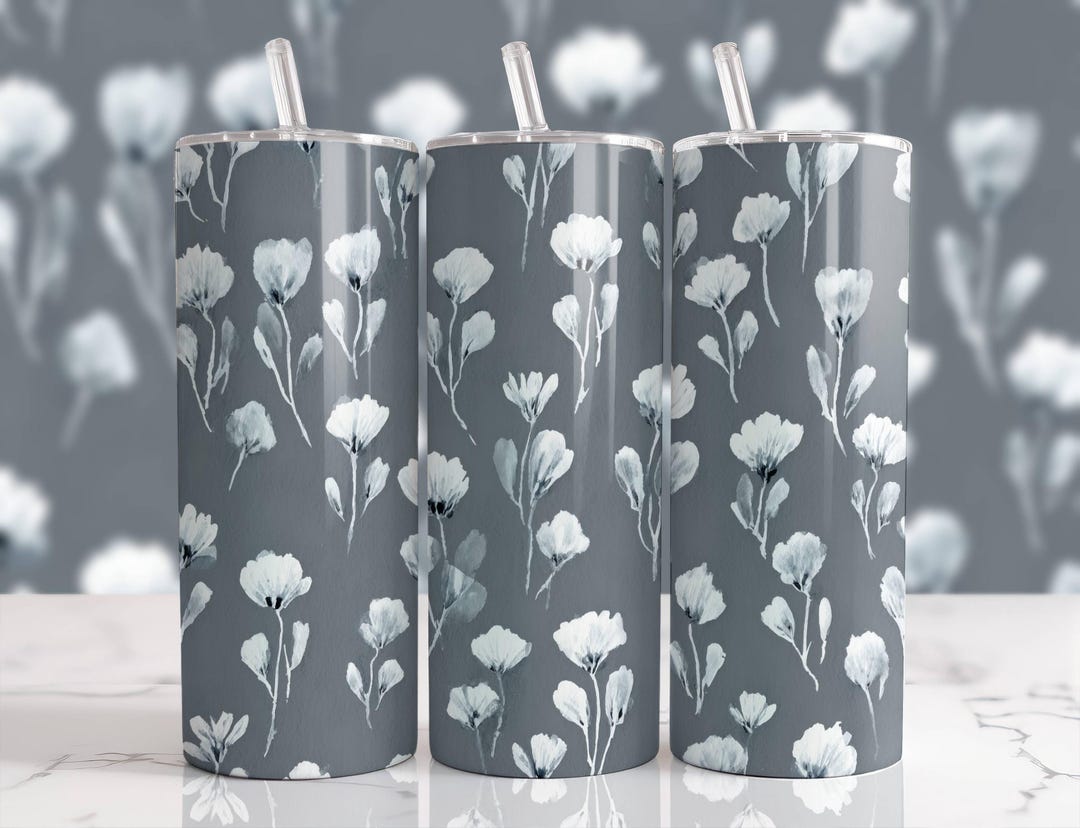 20 Oz Skinny Tumbler Wrap, Gray Flowers, Minimal Floral Art, Straight ...