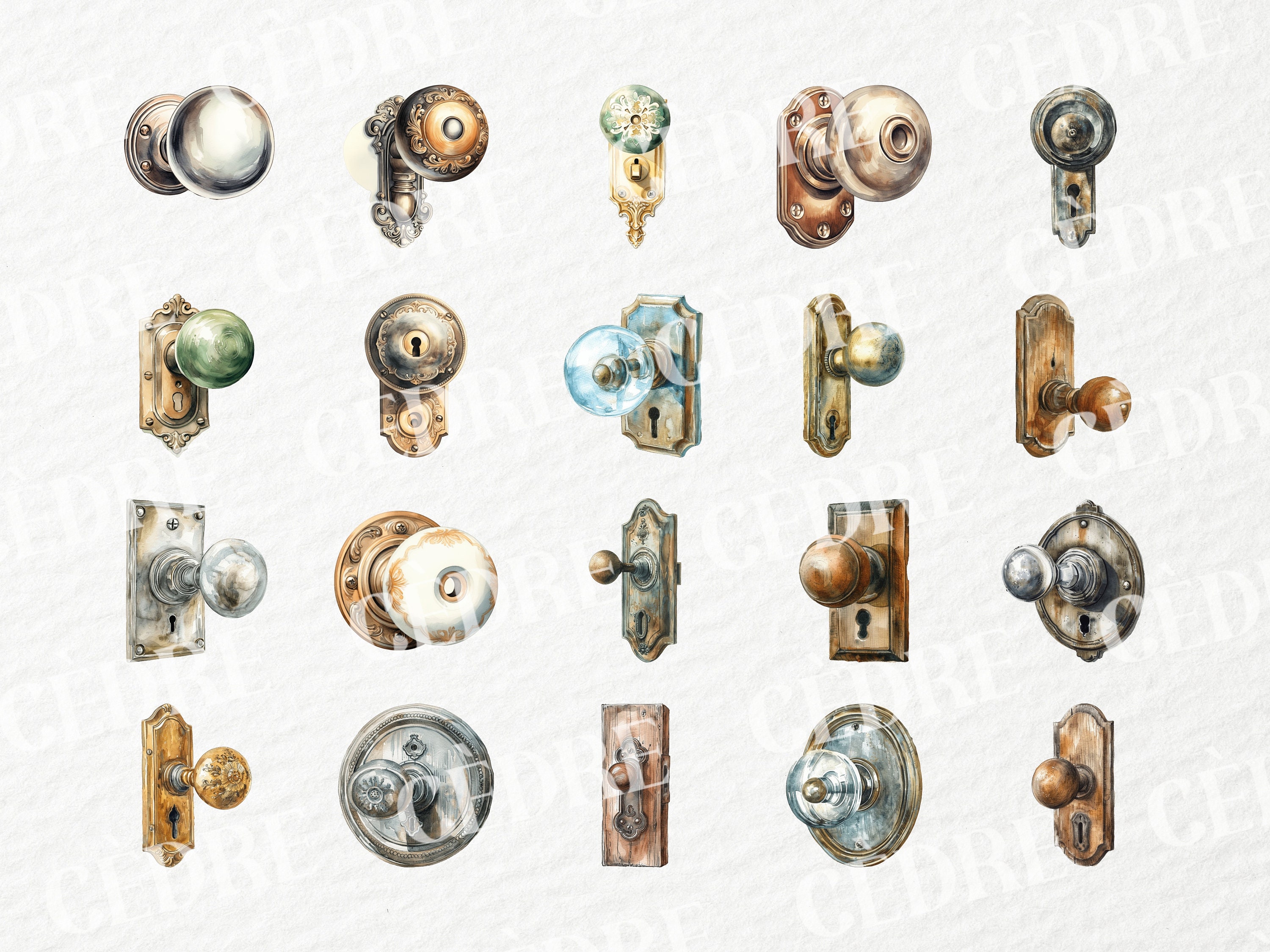 Watercolor Rustic Door Knob Clipart, Antique Old Knobs Clipart, Shabby ...