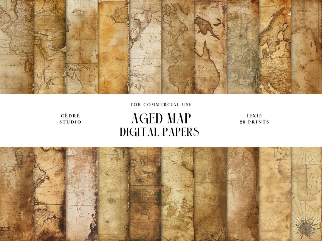 Aged Map Digital Papers, Stained Old Map Digital Patterns, Vintage Map ...
