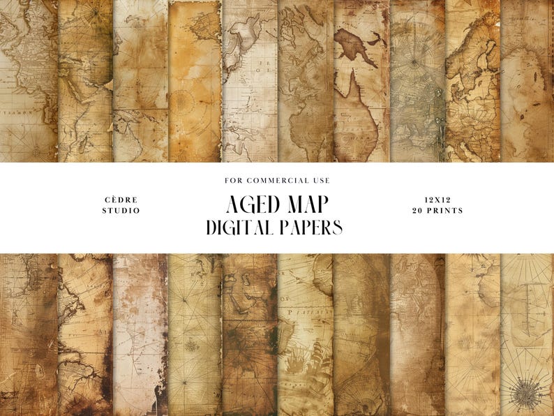 Aged Map Digital Papers, Stained Old Map Digital Patterns, Vintage Map ...