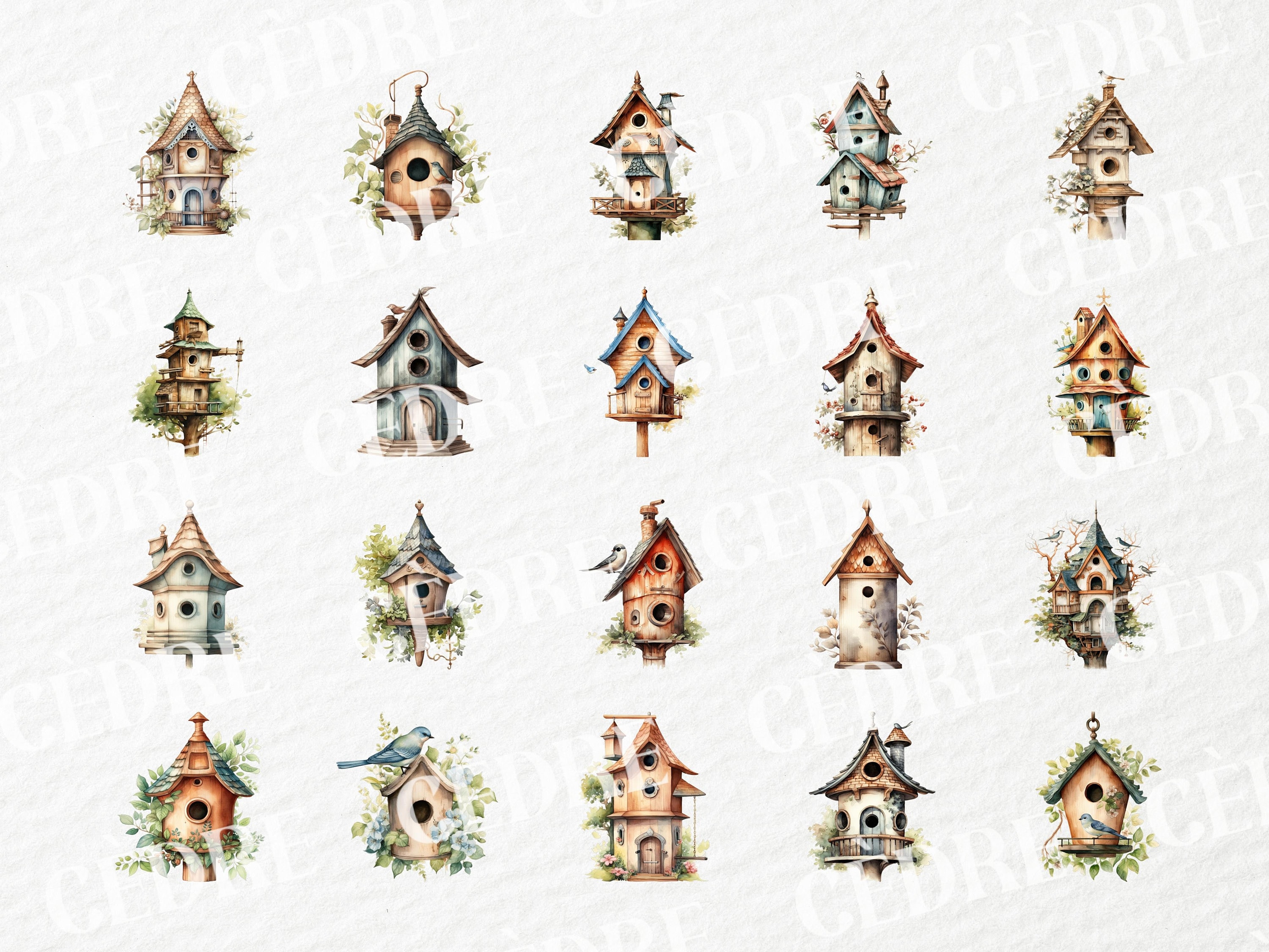 Watercolor Birdhouse Clipart, Backyard Garden Birdhouses Clipart ...