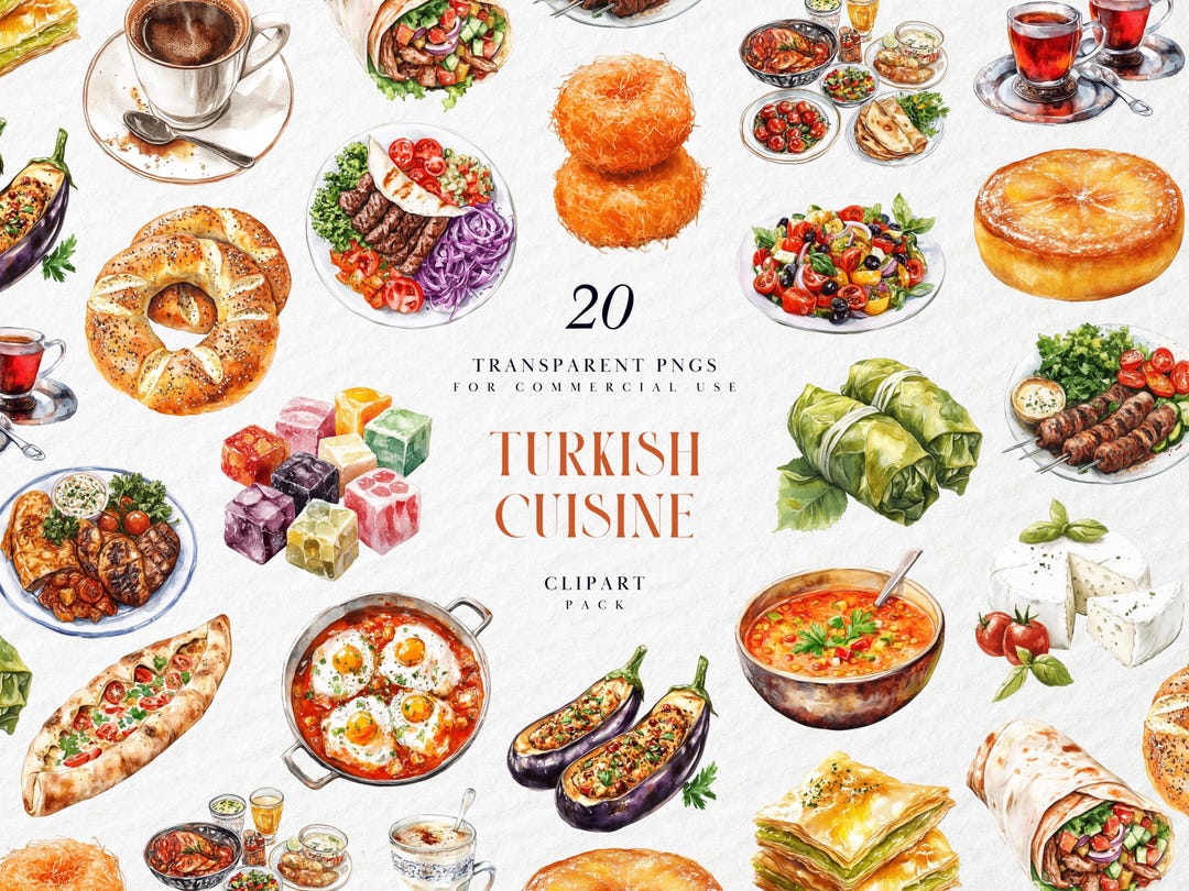 Watercolor Turkish Cuisine Clipart, Istanbul Traditional Food, Baklava ...