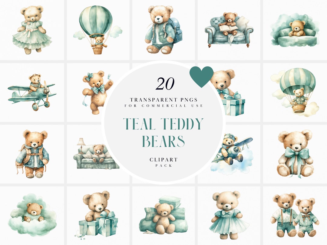 Watercolor Teal Teddy Bears Clipart, Teal Nursery Teddy Bear Clipart ...