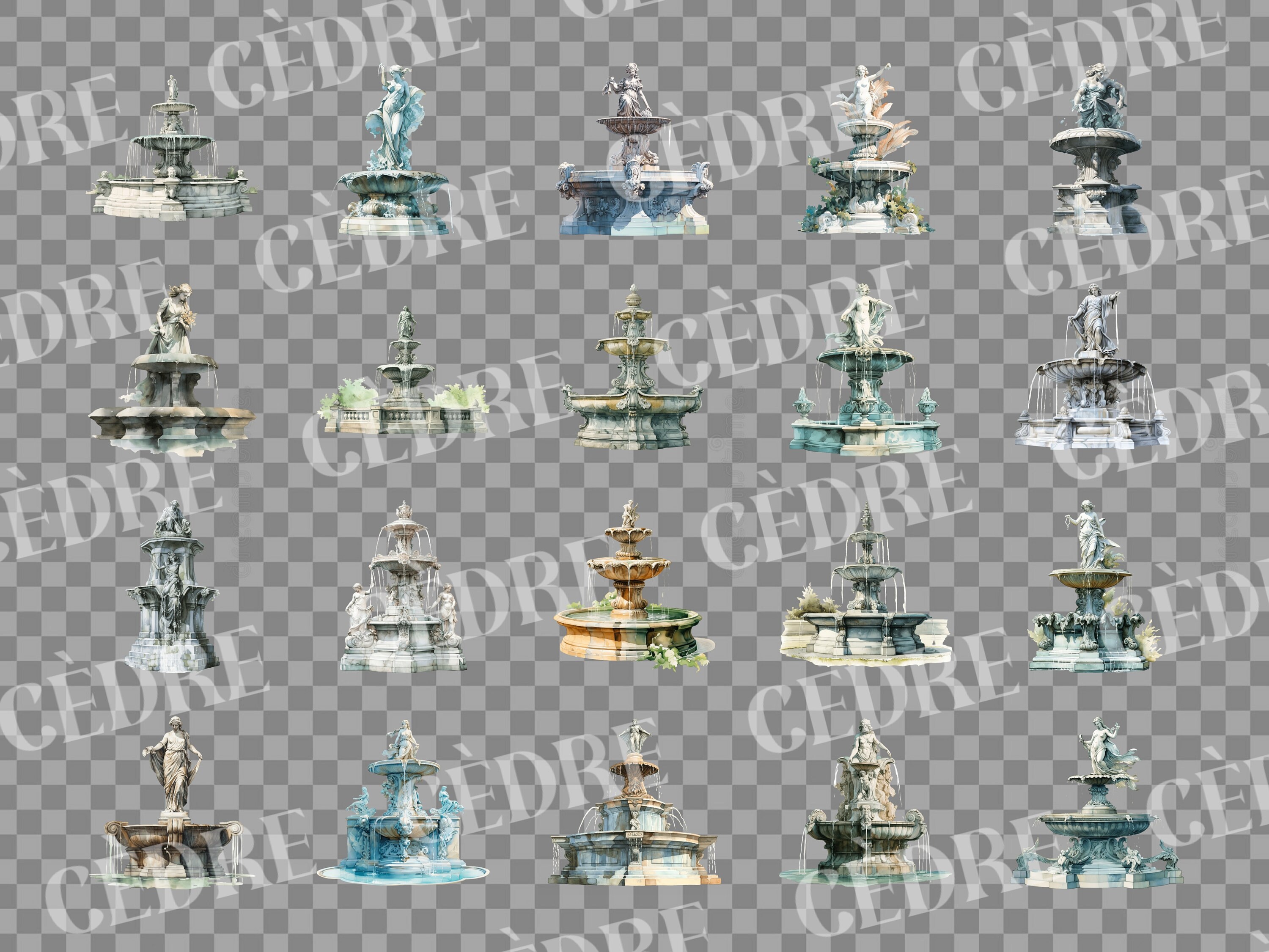 Watercolor Stone Water Fountain Clipart, Antique Greek Fountain Clipart ...