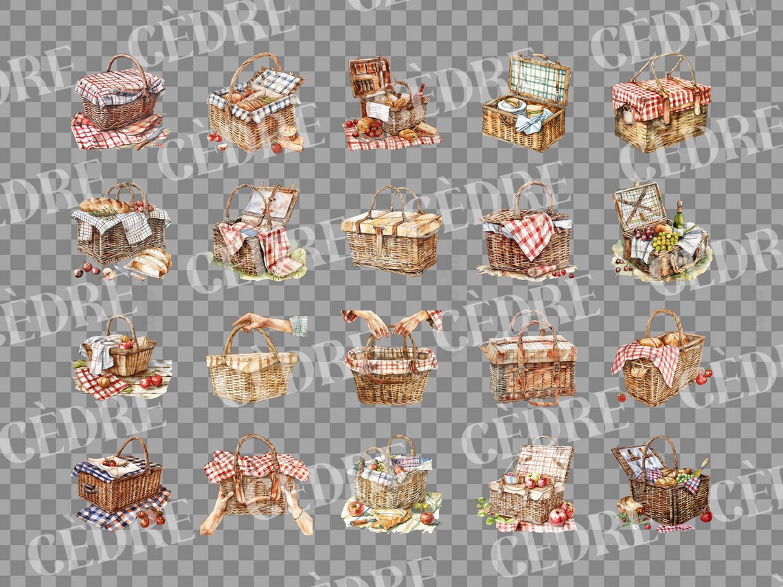 Watercolor Picnic Basket Clipart, Woven Baskets Picnic Clipart ...
