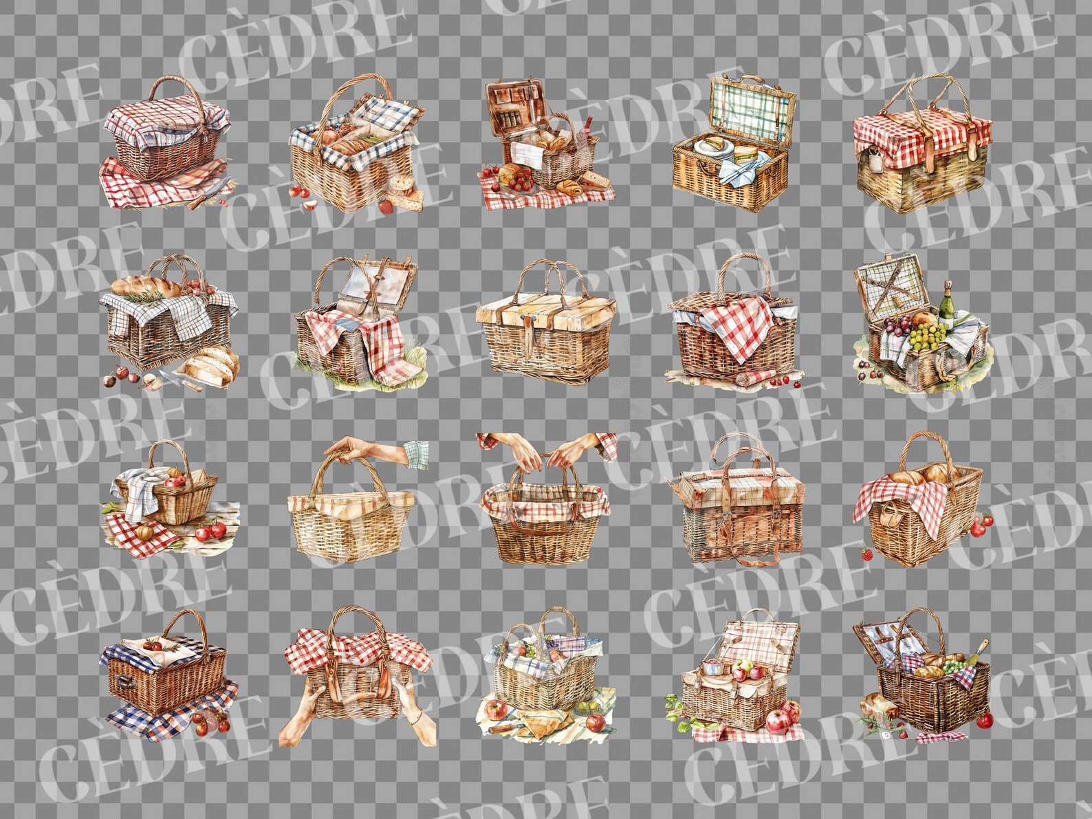 Watercolor Picnic Basket Clipart, Woven Baskets Picnic Clipart ...