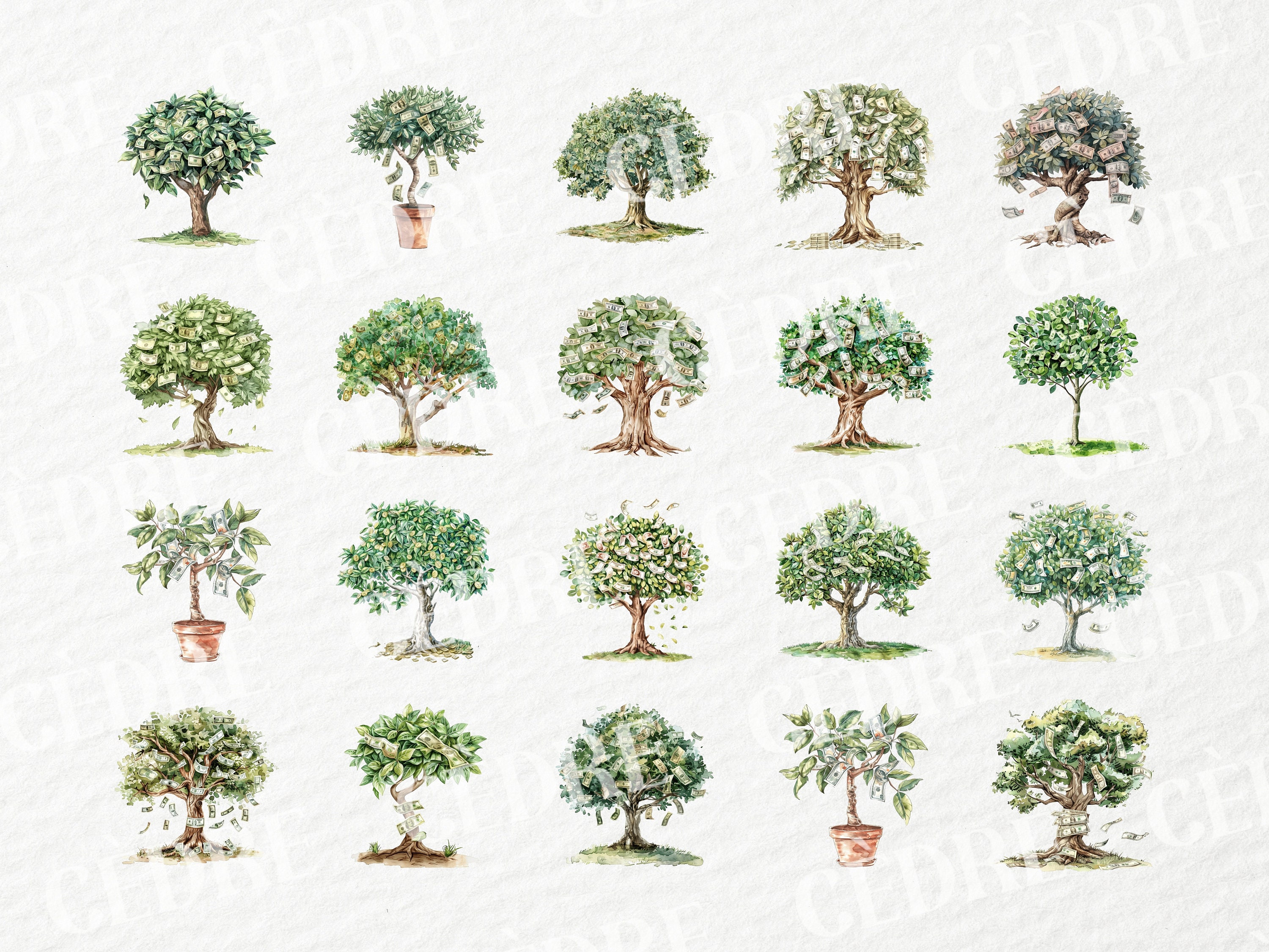Watercolor Money Tree Clipart, Green Money Trees Clipart, Coin Cash ...