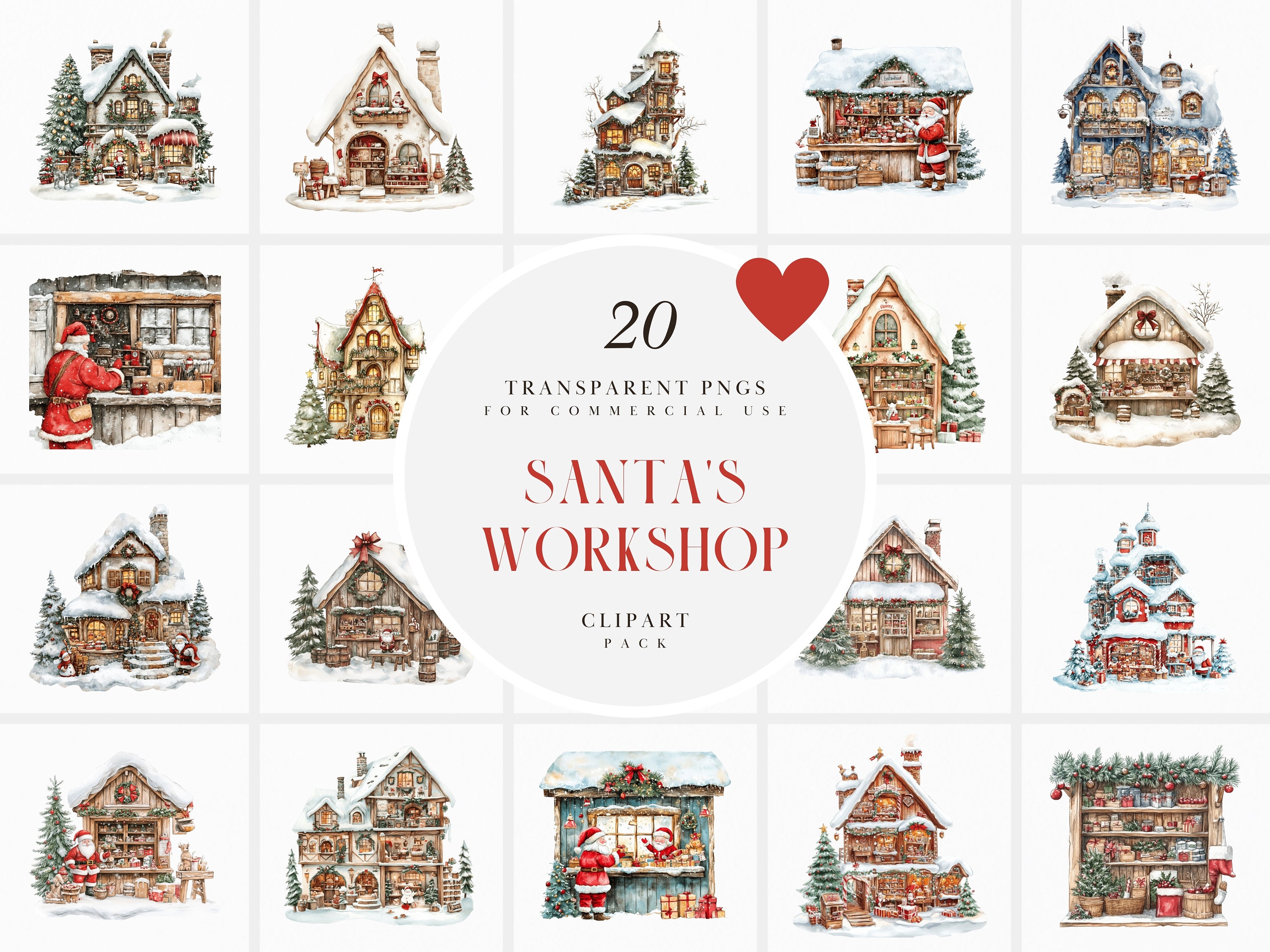 Watercolor Santa's Workshop Clipart, the North Pole, Christmas Present ...